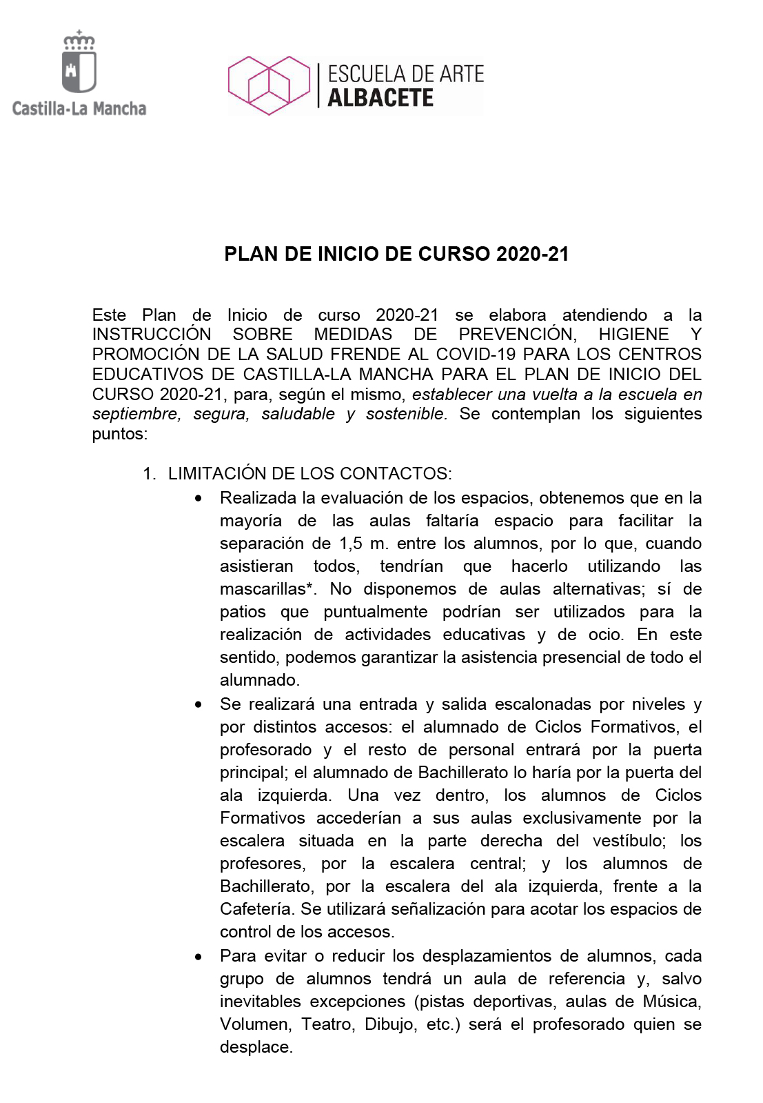 Plan de inicio de curso | Escuela de Arte Albacete